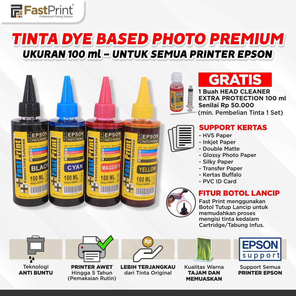 Jual Tinta Dye Based Photo Premium Epson 1 Set - 4 Warna - 100 ML ...