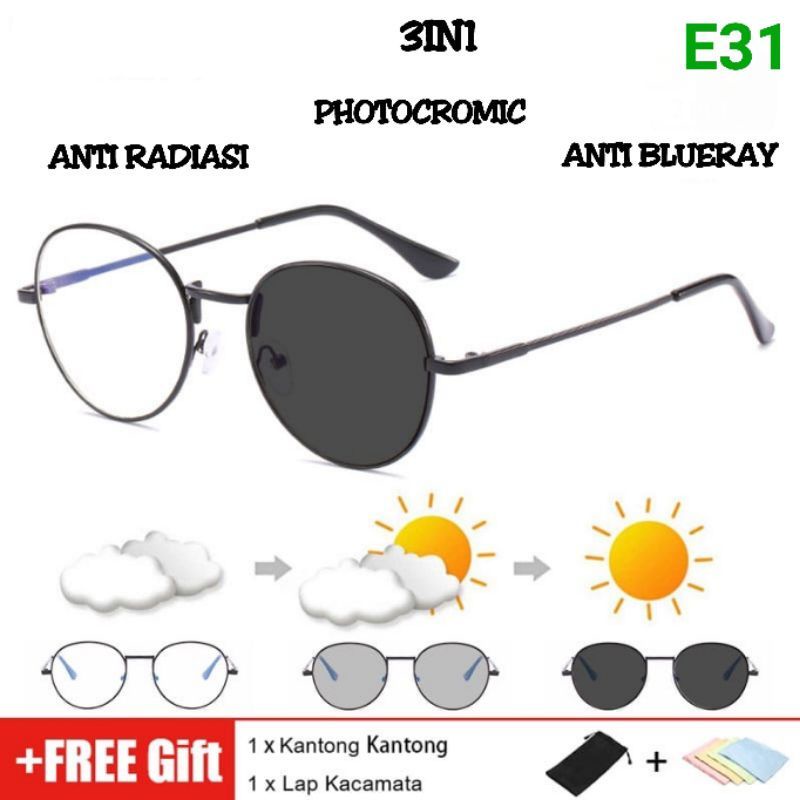 Jual E ( E31 ) KACAMATA PHOTOCROMIC BENTUK OVAL 3 IN 1 ( FREE LAP DAN POUCH ) / HARGA GROSIR ...