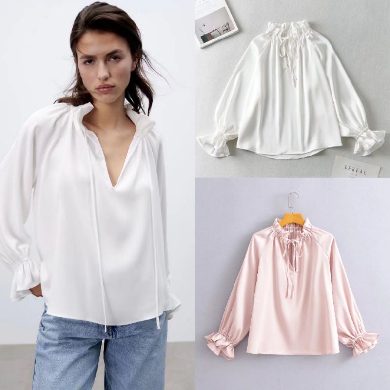 Jual Ruff Collar Satin Blouse 65756 (BIG SALE) | Shopee Indonesia