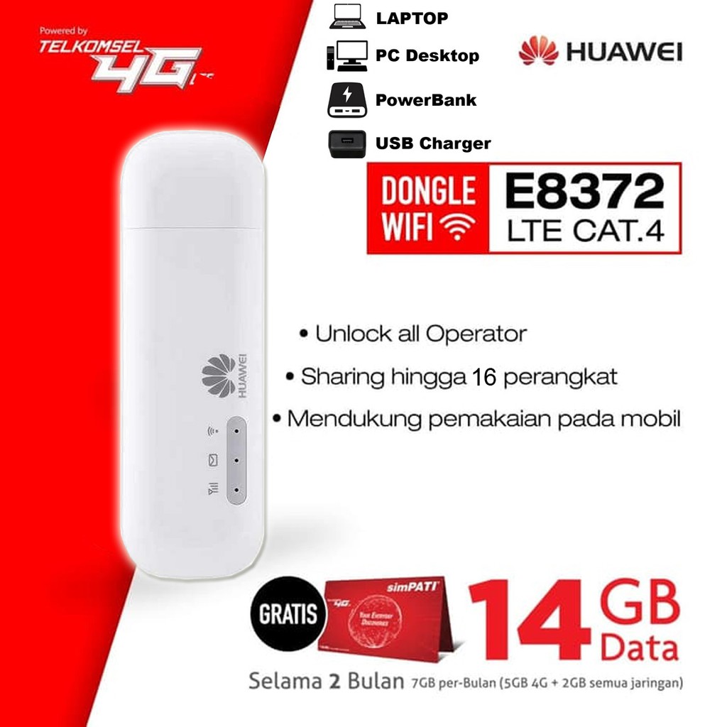 Jual Huawei Wingle 4G Mobile WiFi Dongle E8372 Support 4G TSEL,XL,Tri ...