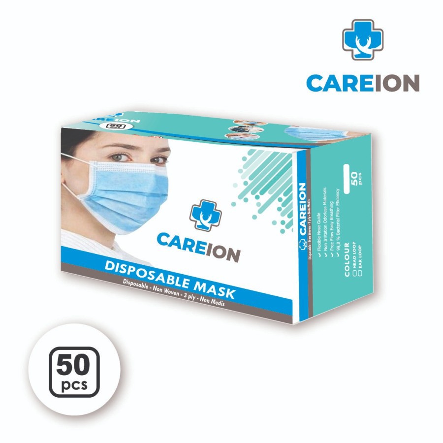 Jual Masker 3 Ply BIRU TANPA BOX isi 50 Lembar Care Ion - Earloop Mask ...