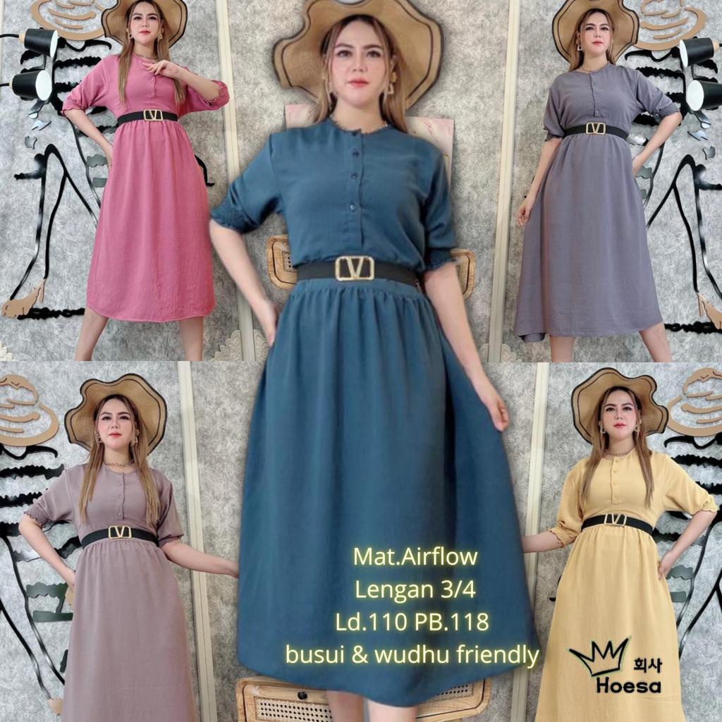 Jual Midi Dress Crinkel Airflow Premium / Midi Dress Polos / Midi Dress Lengan 3/4 / Midi Dress ...