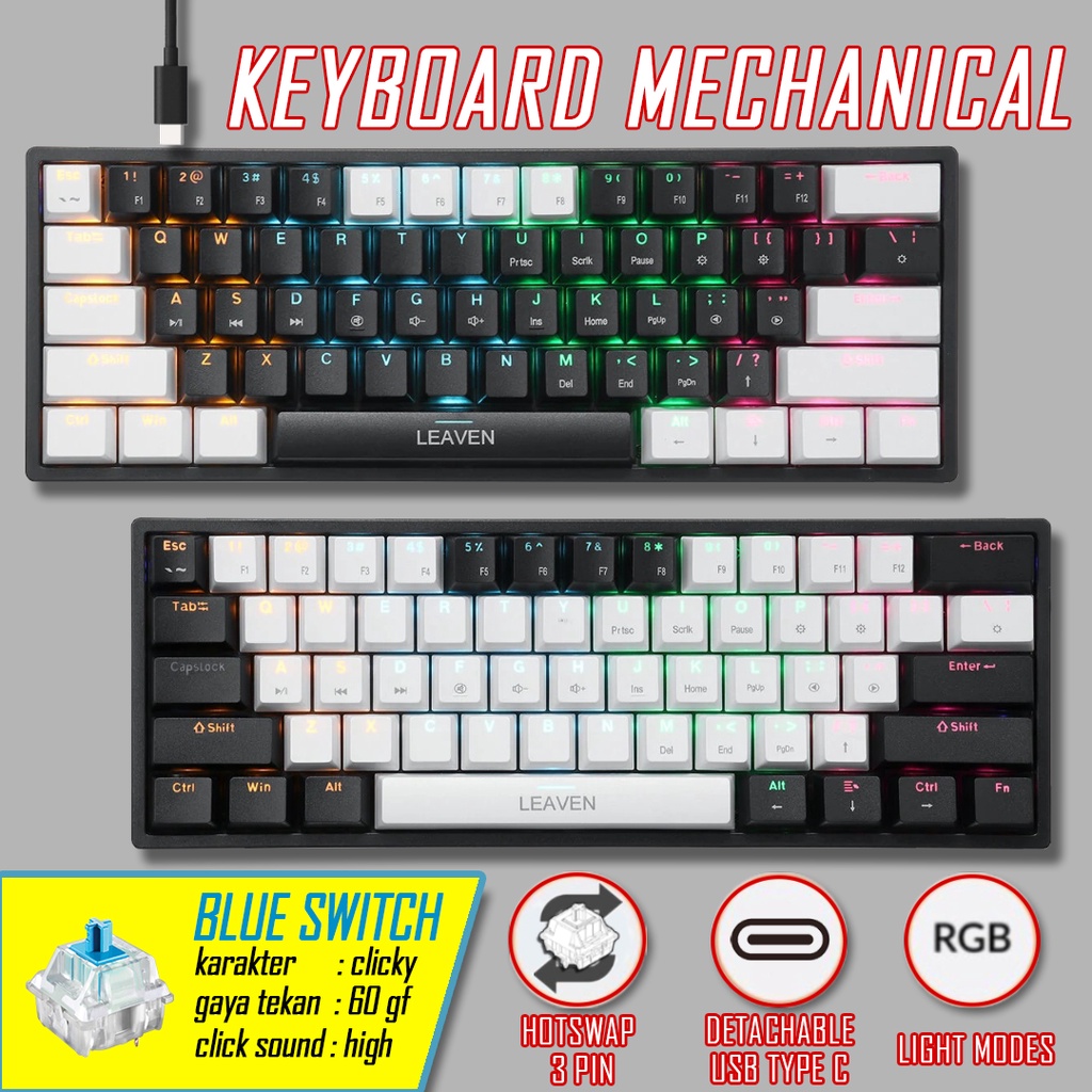 Jual Keyboard Mechanical Gaming 60% LEAVEN K620 Hotswap TERMURAH DI ...
