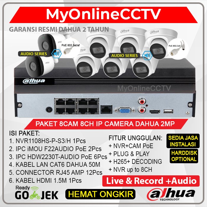 Jual PAKET CCTV DAHUA IP CAMERA 2MP 8 CHANNEL Lengkap Audio NVR 8Ch in-Out | Shopee Indonesia