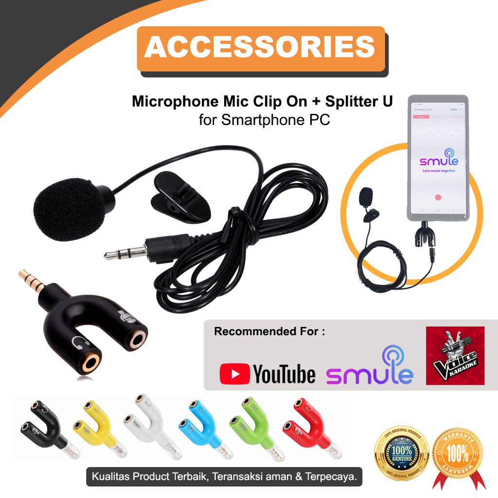 Jual Microphone Mic Clip On + Splitter U for Smartphone PC - Youtuber ...