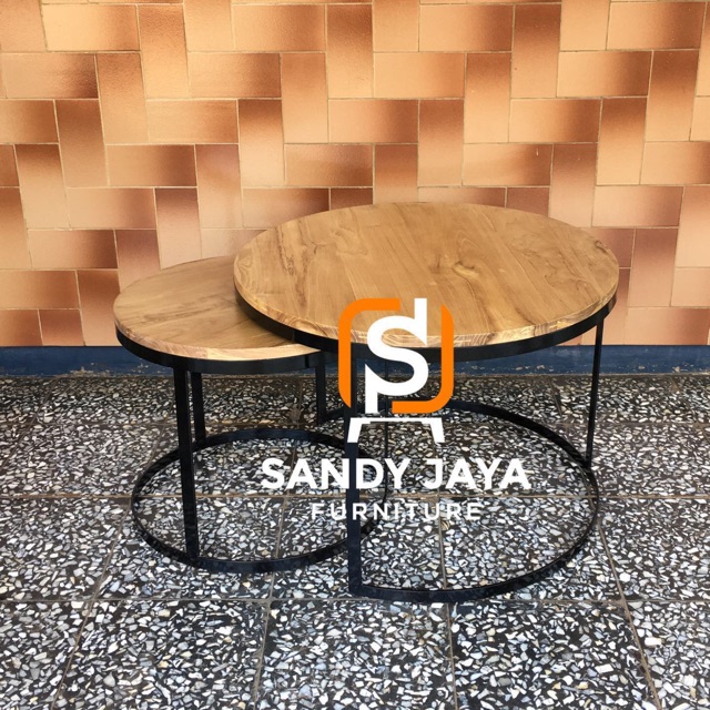 Jual Meja bulat tingkat kayu jati kombinasi plat besi, meja tamu sofa ...