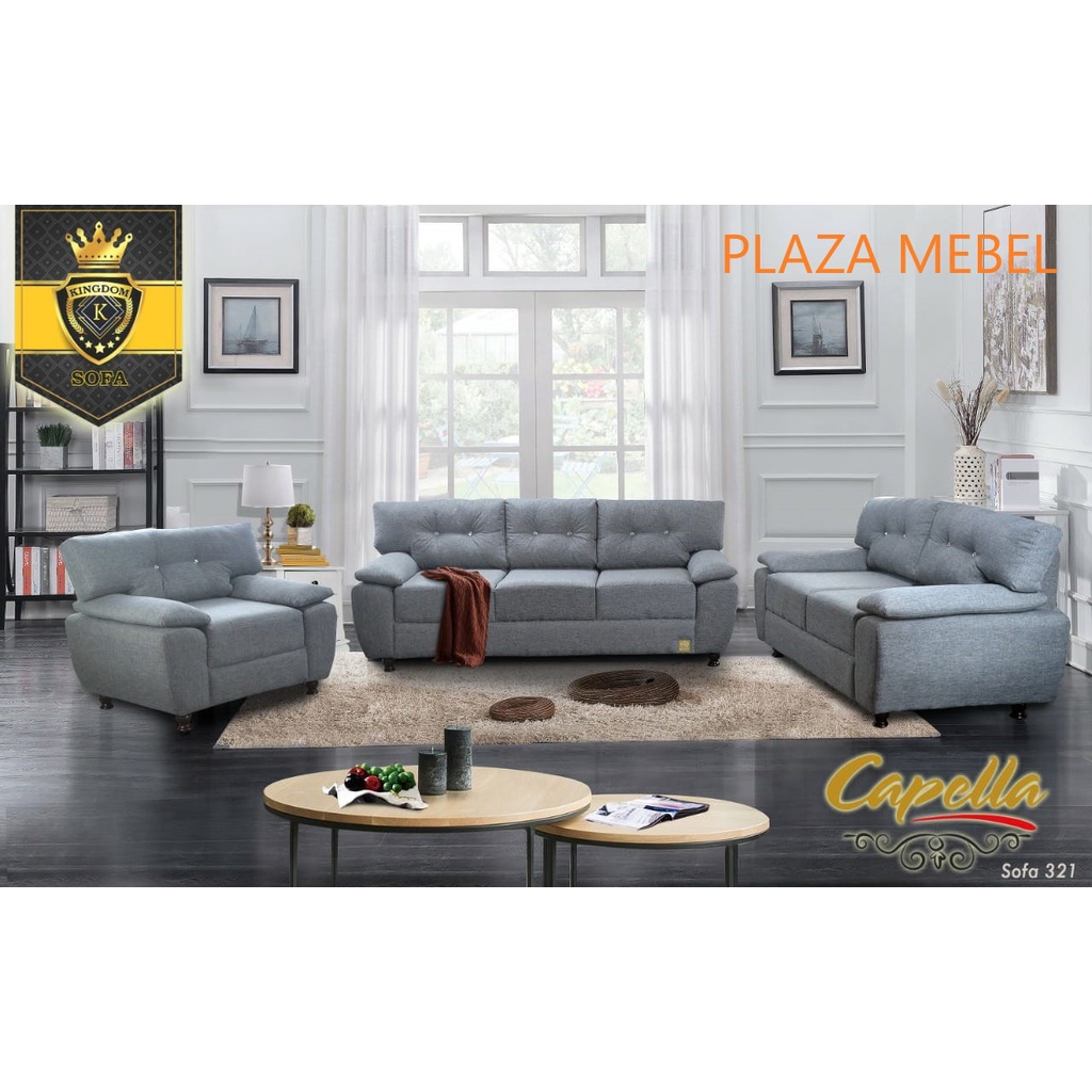 Jual SET Sofa Kursi Tamu Capella 321 Abu Kain Bantalan (Tanpa Meja) MEWAH | Shopee Indonesia