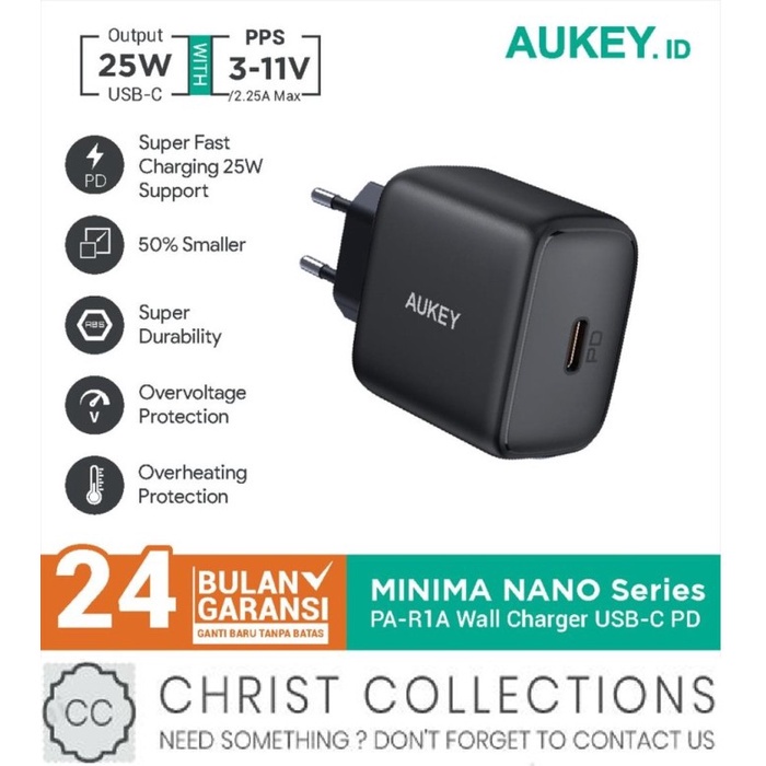 Jual AUKEY KEPALA CHARGER 25W FAST CHARGE PORT TYPE C IPHONE 13 SAMSUNG DLL PA-R1A | Shopee ...
