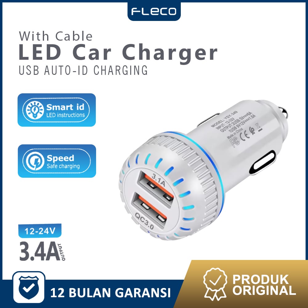 Jual Car Charger Colokan Mobil 2 Ports Saver F-87 FLECO Gratis Kabel ...