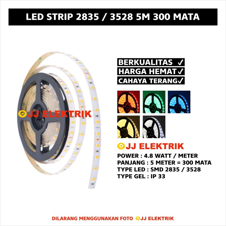 Jual Lampu LED strip 2835 3528 IP33 Indoor Putih Warm White Merah Hijau ...