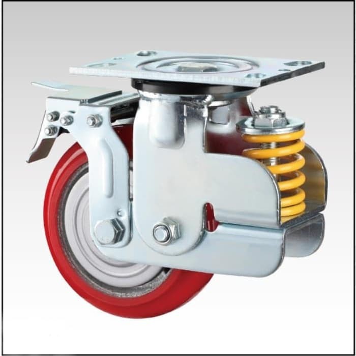 Jual Roda Spring Per PU Merah 6" Inch Rem Swivel Brake Double Bearing ...