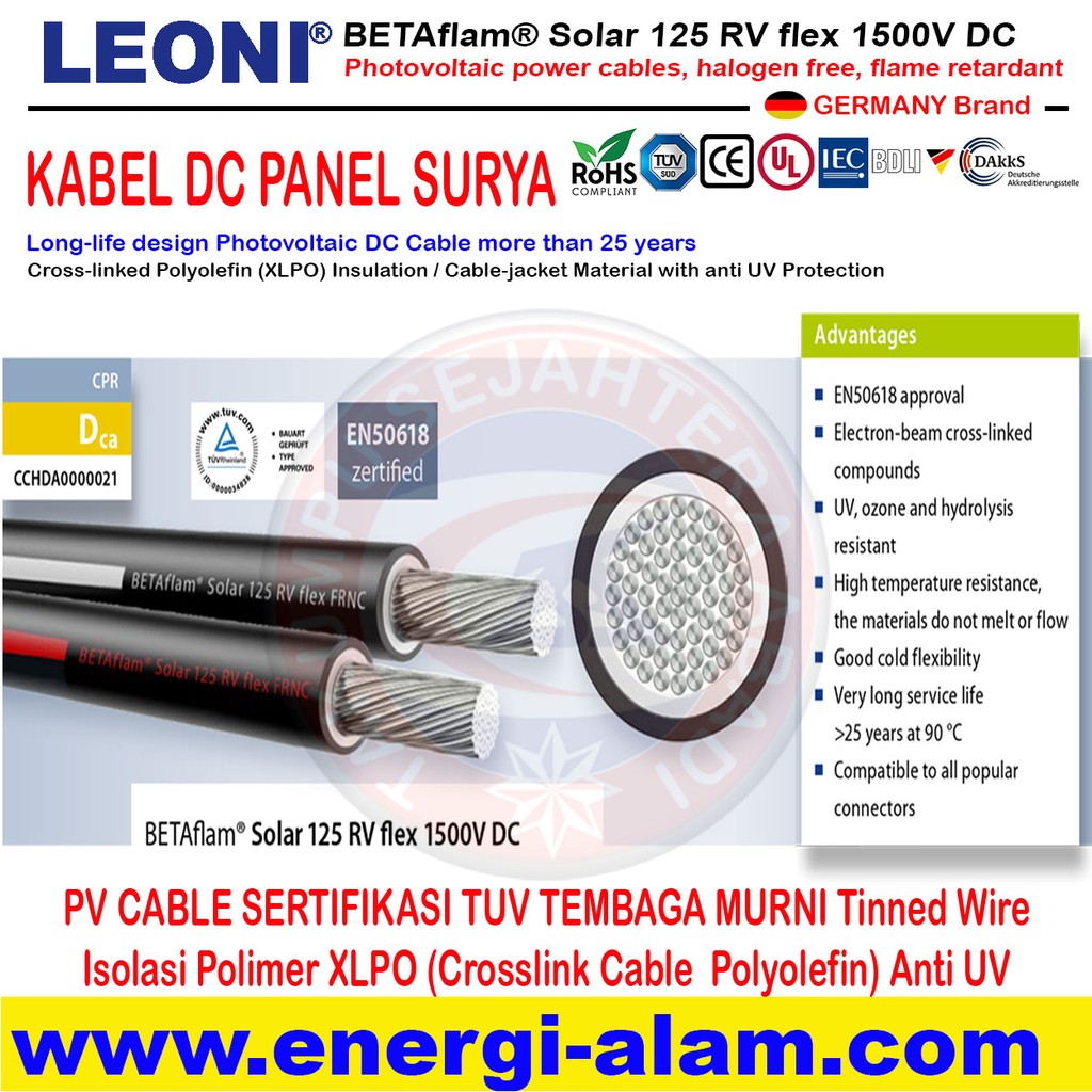 Jual KABEL DC Panel Surya 1 x 4.0mm2 Anti UV PV Cable LEONI BETAflam 125RV 1500VDC | Shopee ...