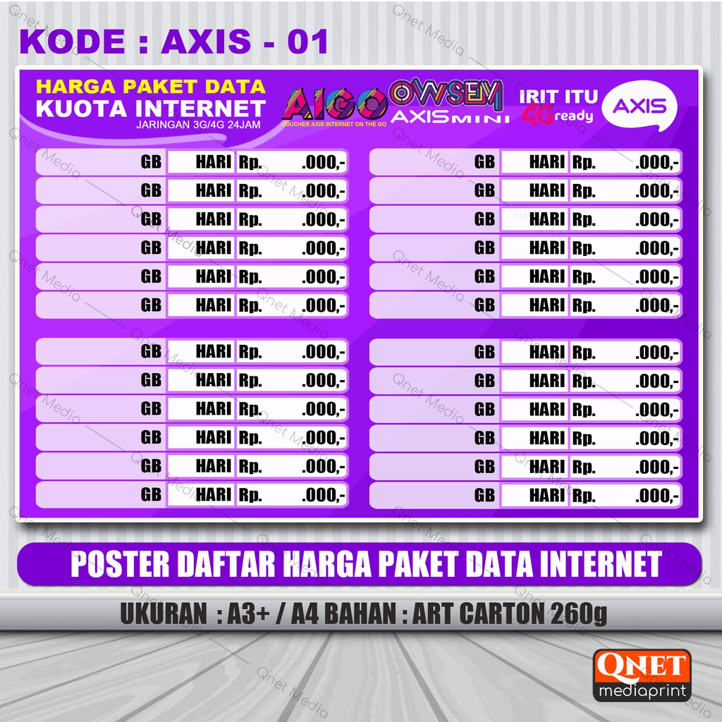 Jual POSTER KONTER DAFTAR HARGA PAKET ISI ULANG KUOTA (CUSTOM) | Shopee ...