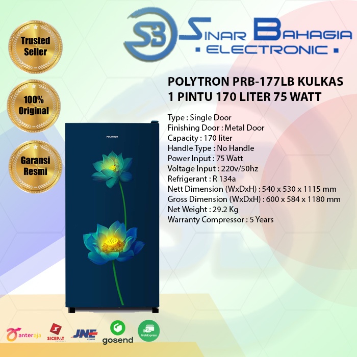 Jual POLYTRON PRB-177LB KULKAS 1 PINTU 170 LITER 75 WATT (NEW) (KHUSUS ...