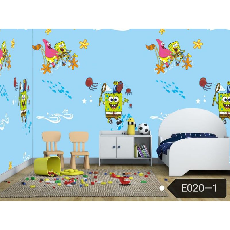 Jual wallpaper stiker dinding motif spongebob biru 45CM X 8-9M NEW ...