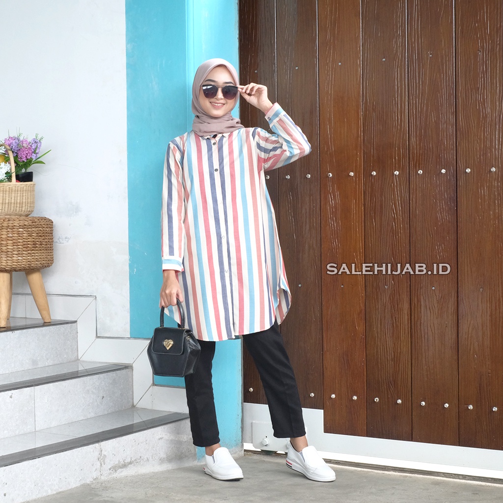 Jual AILEN TUNIK SALUR WARNA WARNI STRIPE FULL KANCING KATUN PREMIUM ...