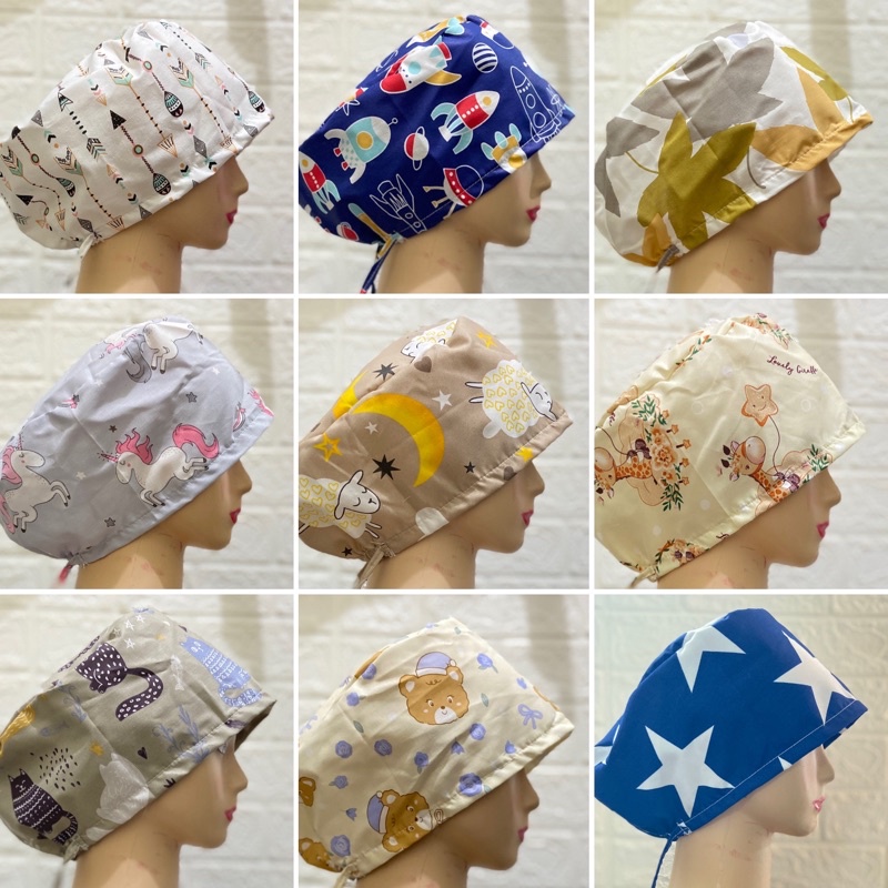 Jual motif random Surgical cap topi medis hair cap topi perawat topi ...