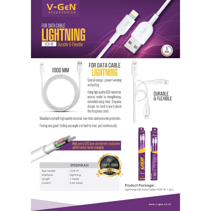 Jual Kabel Data Lightning V-GeN VCB-19 Kabel VGEN 1 Meter Vgen 2.4A Max ...