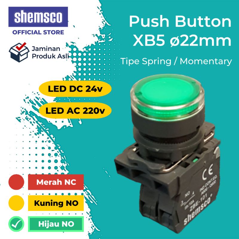 Jual 22mm LED 220v 24v Push Button Spring Tombol SC5 XB5 AW Shemsco KW Schneider Hijau Merah ...
