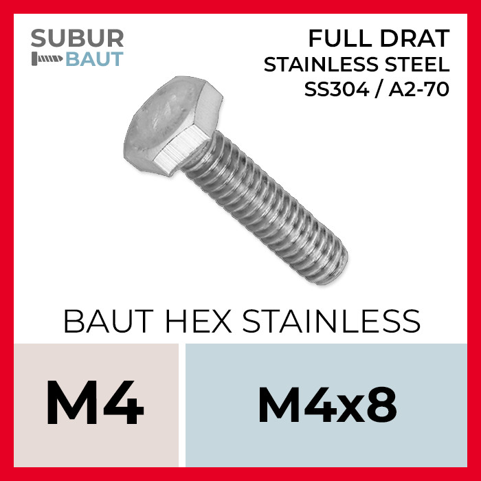 Jual Baut Hex Stainless M4x8 / 4x8 / 4 x 8 Full Drat Grade SS304 ...