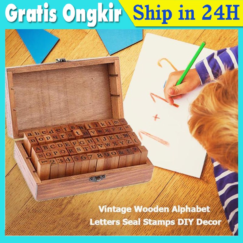 Jual 70Pcs Cap Stampel Huruf Dan Angka Kayu Alphabet Stamp Dengan Kotak ...