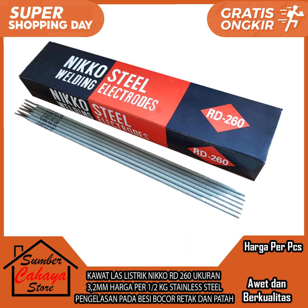 Jual KAWAT LAS LISTRIK NIKKO RD 260 UKURAN 3,2MM HARGA PER 1/2 KG STAINLESS STEEL PENGELASAN ...