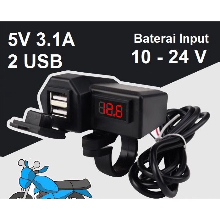 Jual VOLTMETER MOTOR. Charger HP Motor Voltmeter 2 USB Cas HP volt meter Stang Motorcycle 3.1A ...