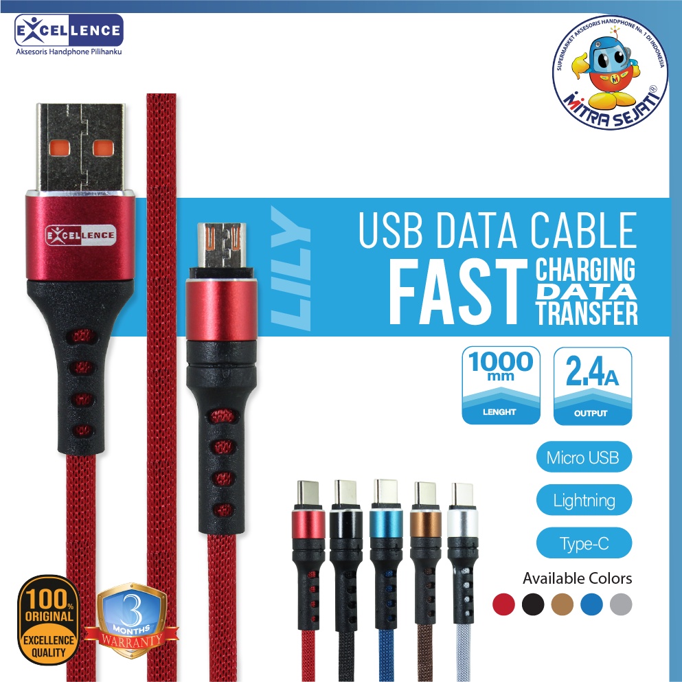 Jual Kabel Data Excellence Lily 1m Fast Charging Micro/iPhone/Type-C | Shopee Indonesia