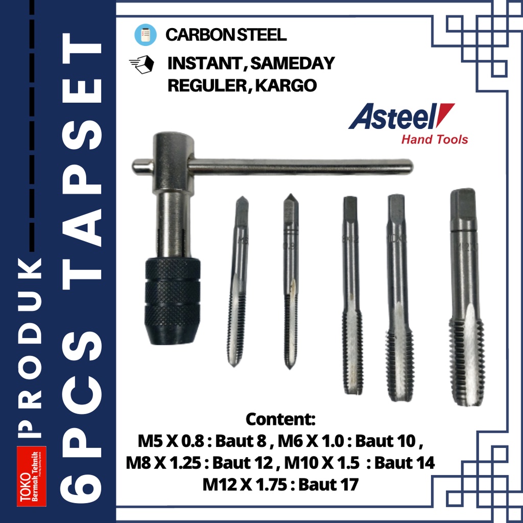 Jual ASTEEL Hand Tap Set Ulir Membuat Dart Mur Baut Alat Senai 6pcs ...