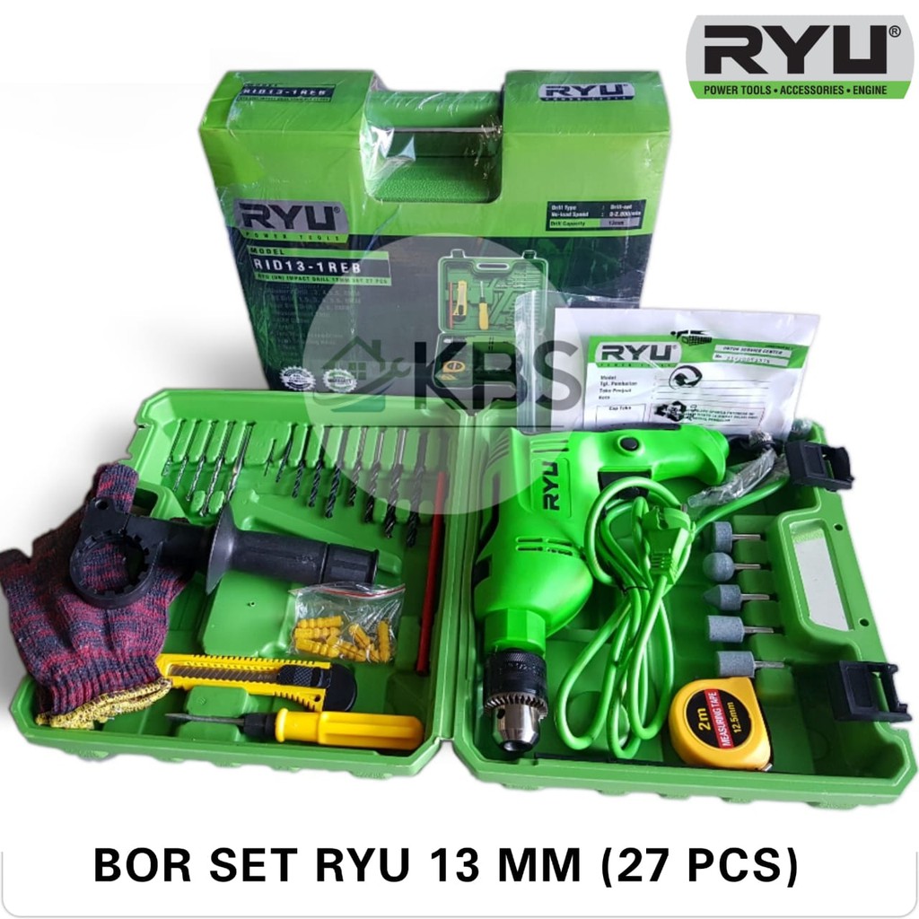 Jual Mesin Bor Set RYU 13mm 27 Pcs RID13-1REB / Impact Drill 600 Watt ...