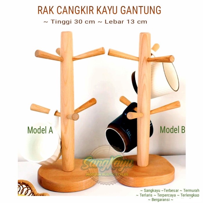 Jual Rak gantung cangkir rak mug holder kayu rak gelas rak dapur ...