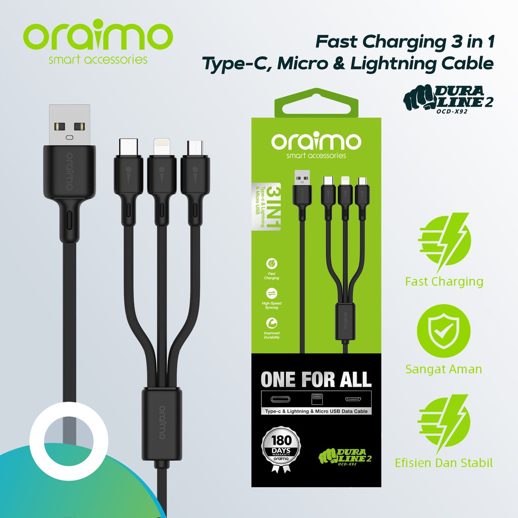 Jual Oraimo Kabel Data 3in1 Fast Charging Type-C, Micro USB & Lightning ...