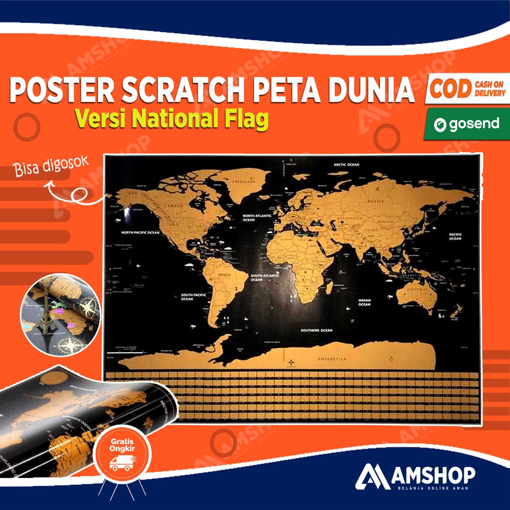 Jual Poster Scratch Map Peta Dunia Versi National Flag Flag OMHZXZBK ...