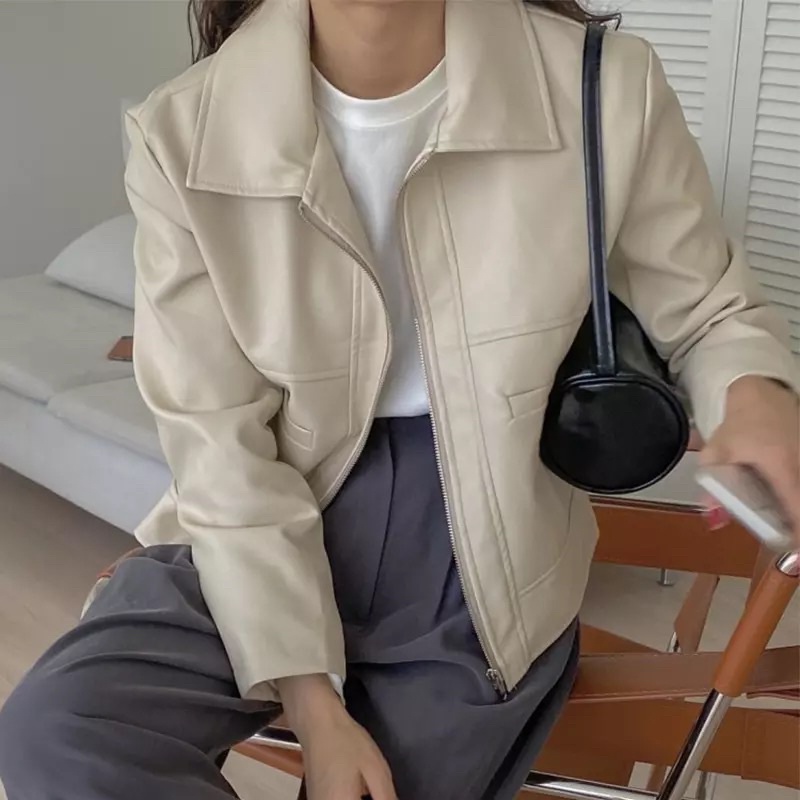 Jual kemeja cream jaket kulit crop leather jacket lengan panjang ...