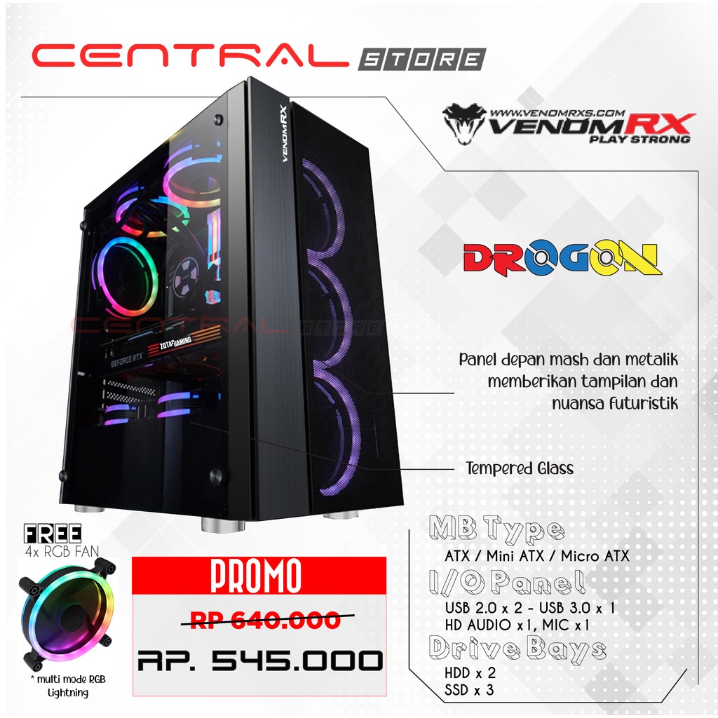 Jual Casing PC VENOMRX DROGON ATX Komputer Gaming Case FREE 4 fan RGB ...