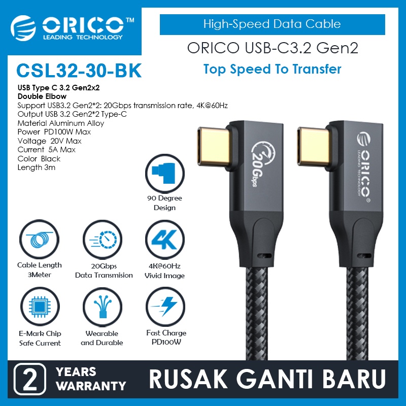 Jual ORICO Data Cable USB Type C 3.2 Gen2x2 Double Elbow - CSL32-30 ...