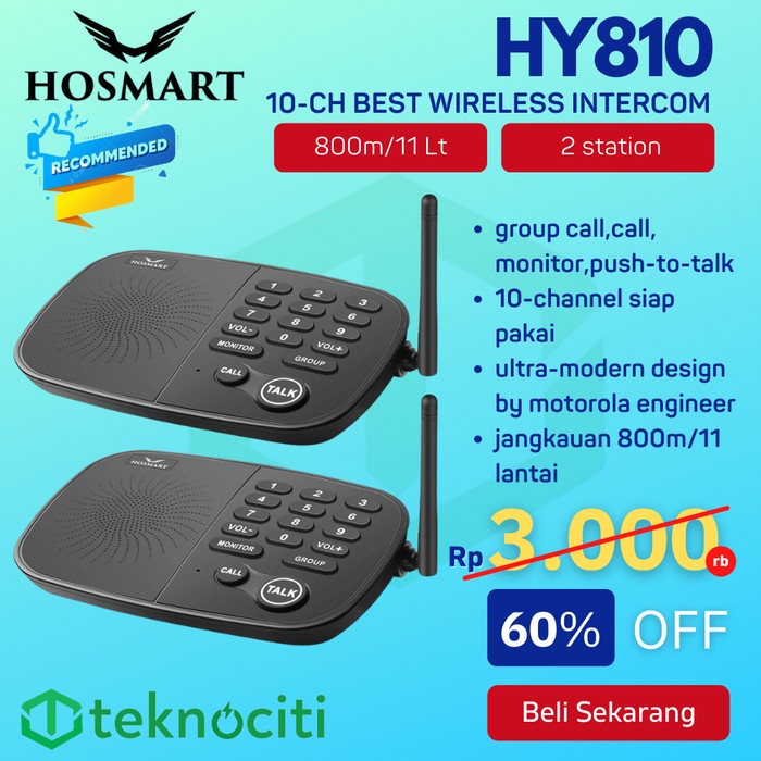 Jual HOSMART Wireless Intercom FM 10 Channel 2 Unit Station Interkom ...