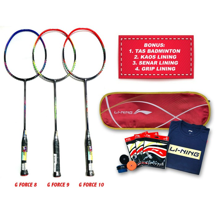 Jual RAKET BADMINTON LINING G FORCE 8-9-10 SATU SET BONUS TAS SENAR ...
