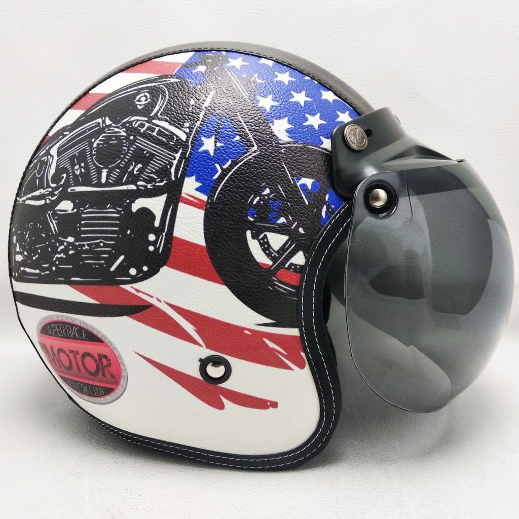 Jual Helm Retro Bogo Kulit Motif Moge Vintage USA Kaca Bubble Halfface ...