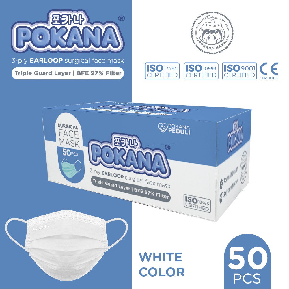Jual POKANA 3-ply Earloop Surgical Face Mask – White Box isi 50 pcs ...