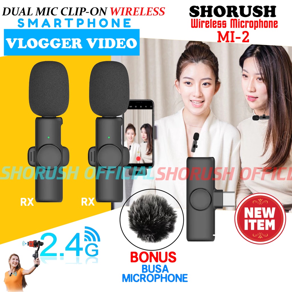 Jual Shorush MI-2 Dual Microphone Mic Clip On Wireless 2.4Ghz VLOG Youtuber USB Type C Android ...