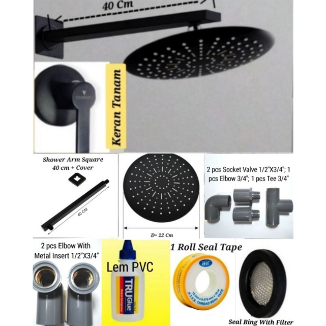 Jual Wall Shower Black Matte Paket LENGKAP type Tanam ukuran Head ...