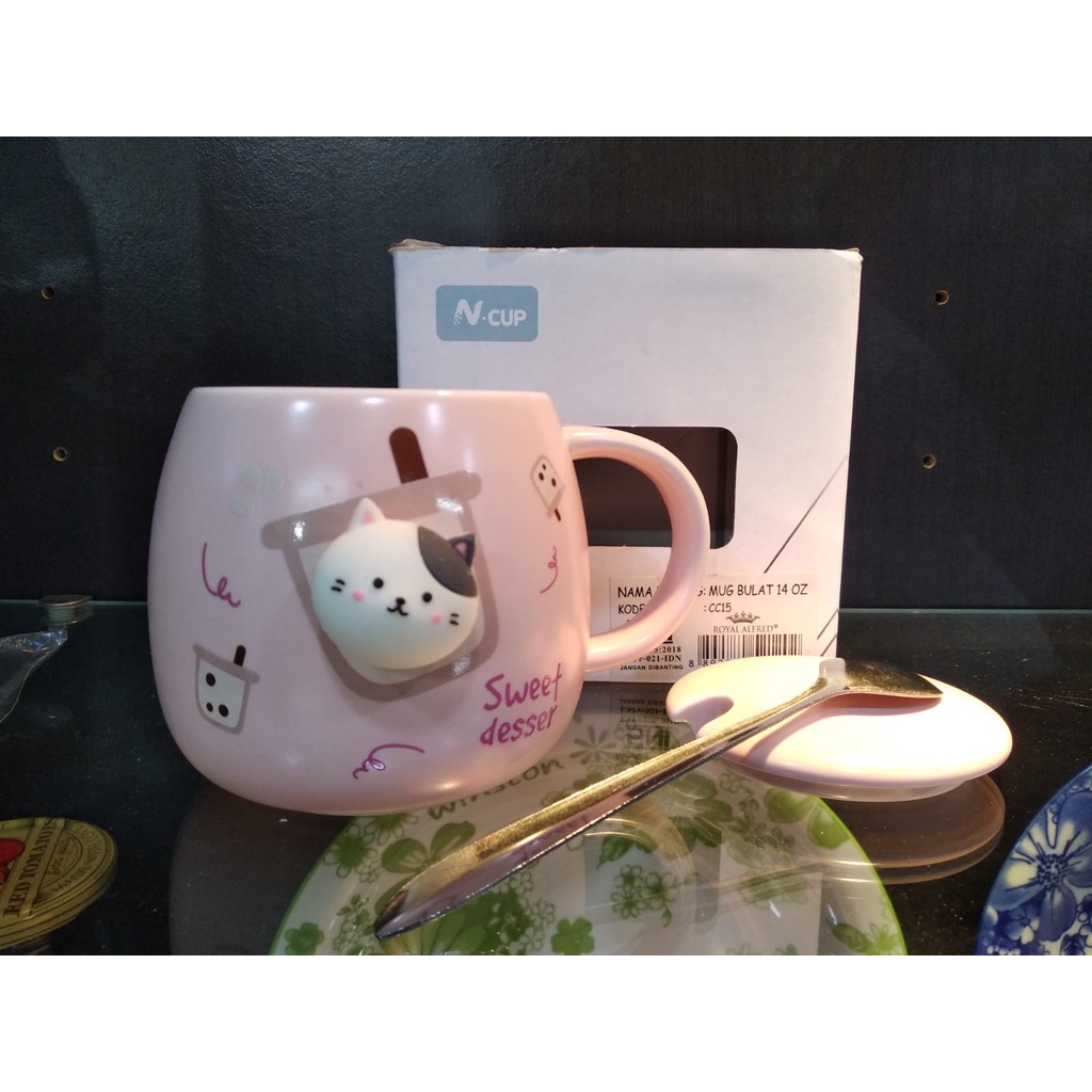 Jual Mug keramik kucing timbul + tutup + sendok NCUP | Shopee Indonesia