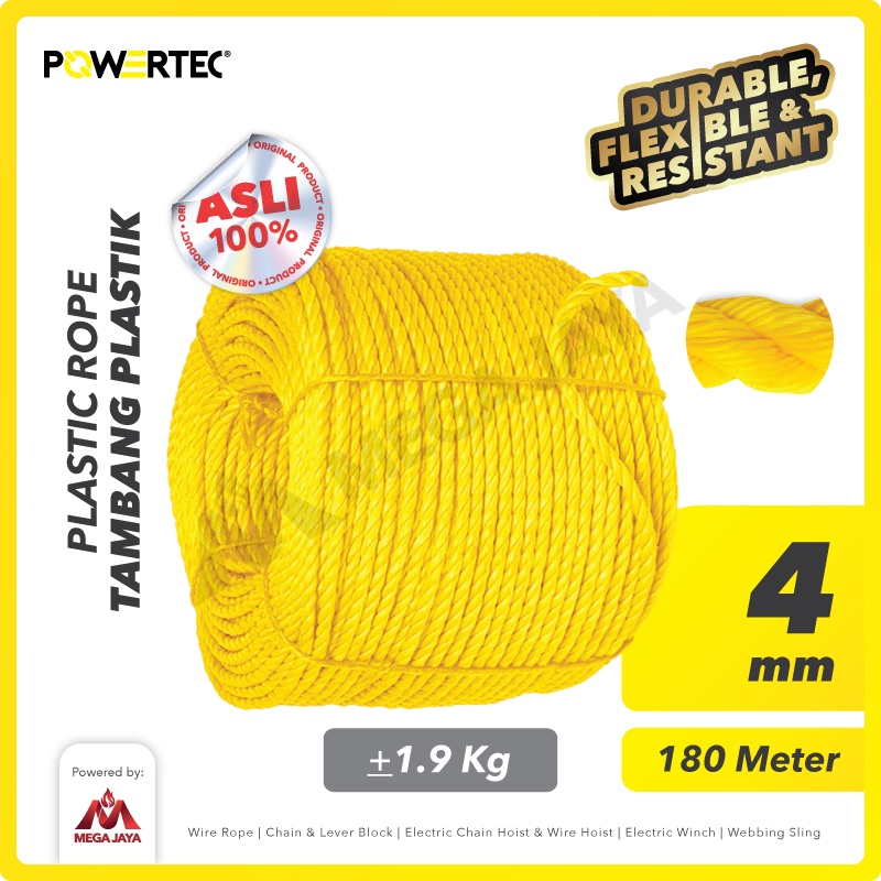 Jual POWERTEC Tali Tambang Plastik 4mm x 180m Plastic Rope - Kuning ...
