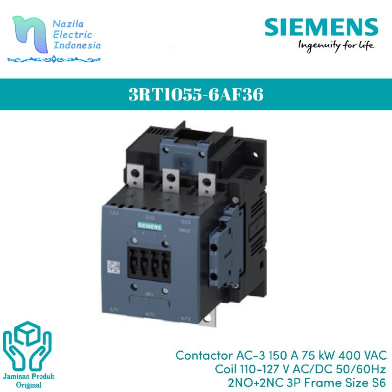 Jual Siemens Contactor 3RT 1055 / 3RT1055-6AF36 75 kW 150A Coil 110V 40 ...