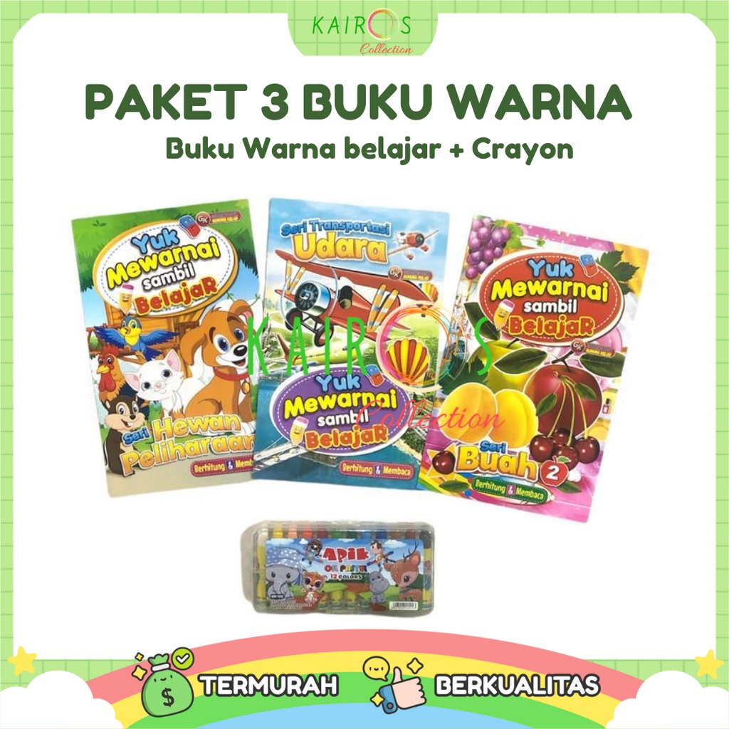 Jual Paket 3 Buku Mewarnai dan Belajar Anak Gratis Crayon Isi 12 - 3in1 ...