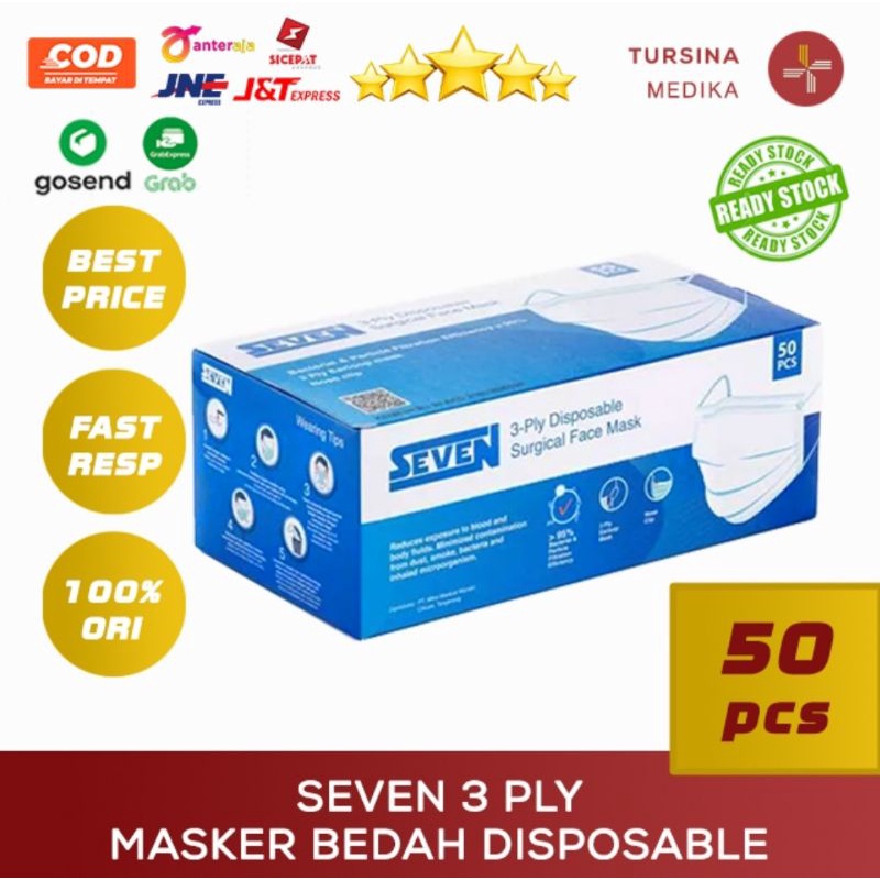 Jual Masker Bedah Seven Surgical Face Mask 3 Ply Warna Hijau / Biru ...