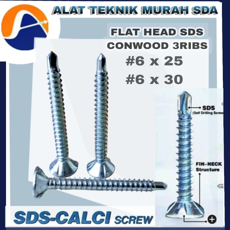Jual 100 PCS Sekrup Skrup Sds Flat Head Drilling Screw (6x25) (6x30 ...