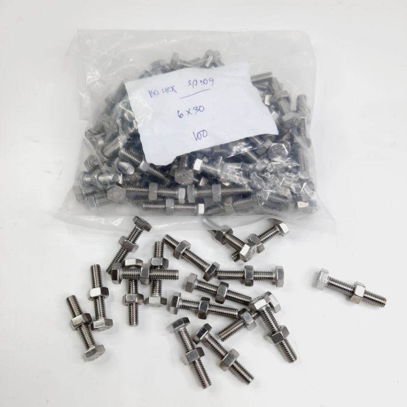 Jual Baut + Mur Hex Bolt + Nut Stainless SS 304 M 6 X 30 mm (Per Set) | Shopee Indonesia