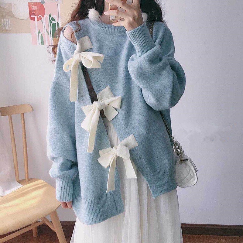 Jual Single / set bow loose lazy sweater irregular sweater medium long ...